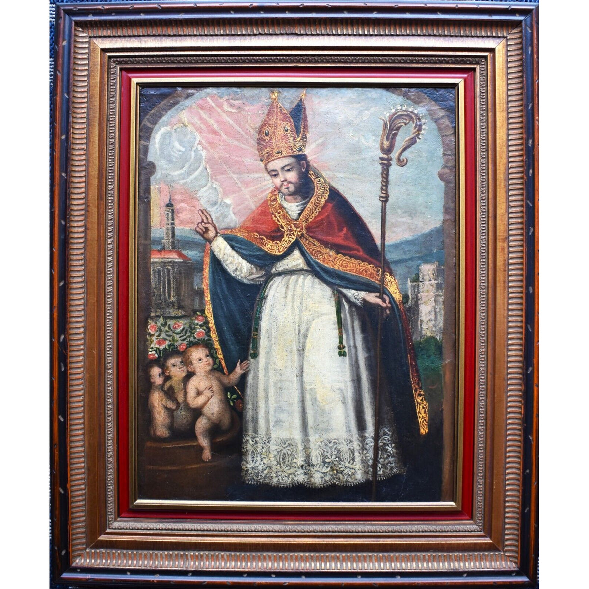 Saint Nicholas San Nicolas Antique 19th C. Spanish Colonial Painting o ...